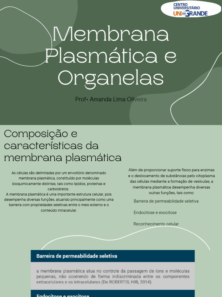 Aula 2 - Membrana Plasmatica e Organelas | PDF | Membrana celular | Fosfolipídeo