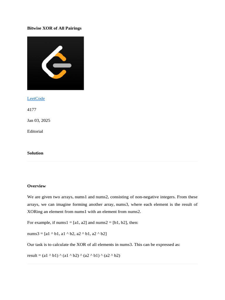 Bitwise XOR of All Pairings - Editorial | PDF | Time Complexity | Theoretical Computer Science