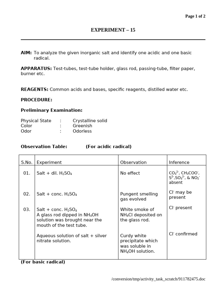 Inorganic Salt Analysis 15 | PDF | Salt (Chemistry) | Precipitation ...
