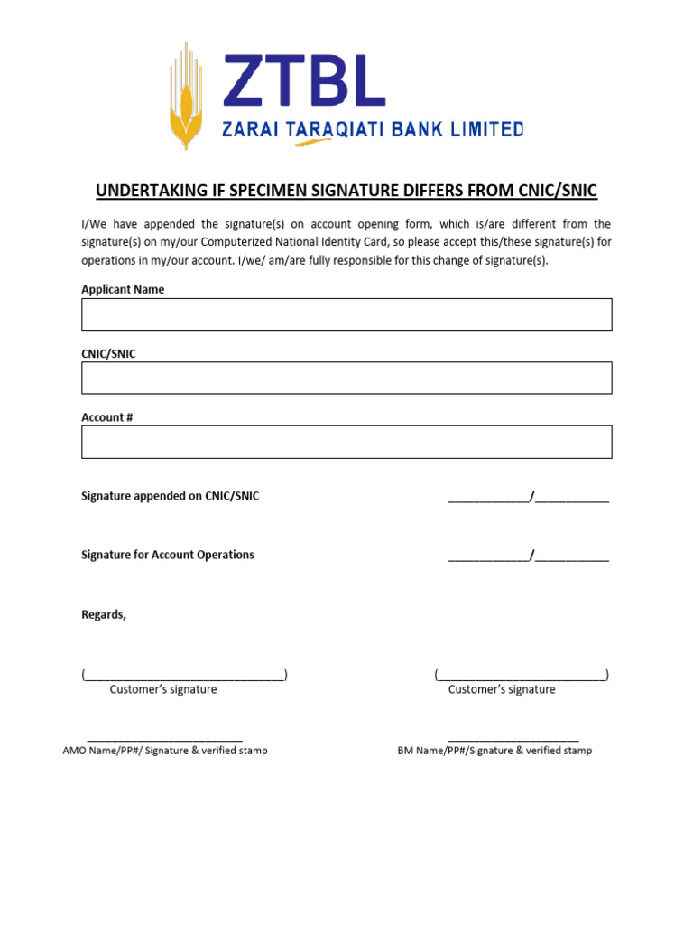 Undertaking If Specimen Signature Differs From Cnic | PDF