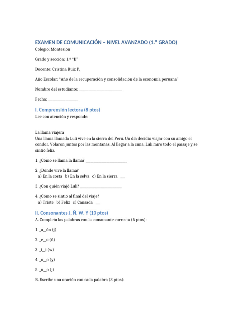 Examen Comunicacion Avanzado 1ro | PDF
