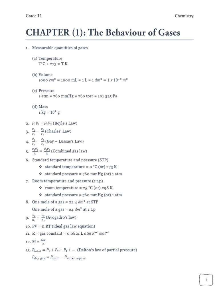 Chem Chapter 1 Formulae | PDF