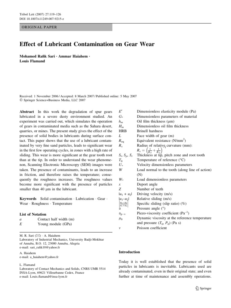 Effect of Lubricant Contamination On Gear Wear, Sari2007 | PDF | Wear ...