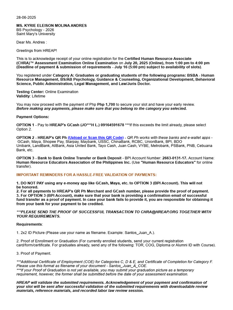 CHRA™ Registration and Payment | PDF