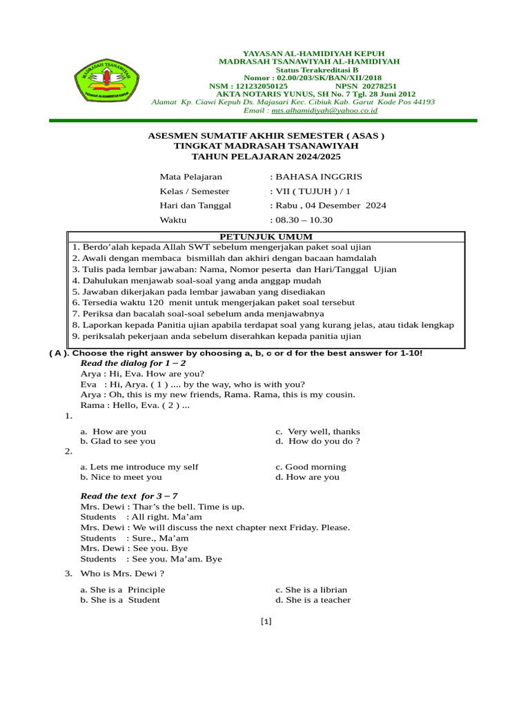 2024-2025 MTSM B.INGGRIS VII SOAL ASAS | PDF