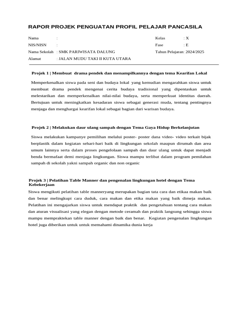 Rapor Projek Penguatan Profil Pelajar Pancasila Kelas x | PDF