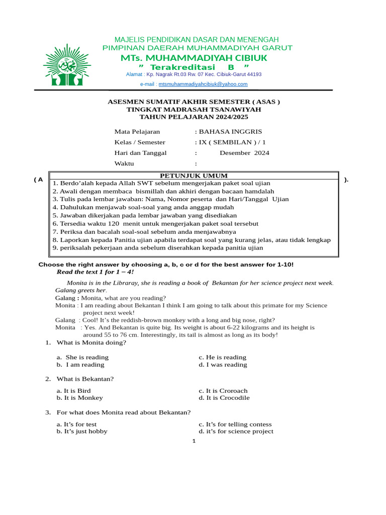 2024-2025 MTSM B.INGGRIS IX SOAL ASAS | PDF | Orangutan | Snorkeling