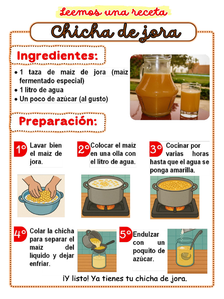 Ficha Leemos Una Receta de Una Bebida Peruana Chicha de Jora Maestra Janet | PDF