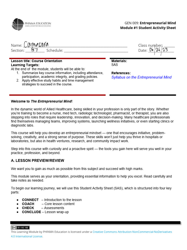 GEN 009 SAS#1 Course Orientation 2425 | PDF | Entrepreneurship | Mindset