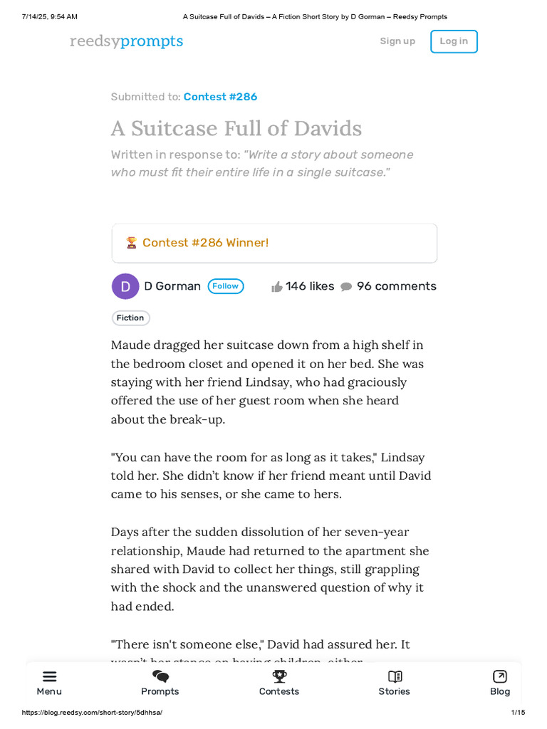 A Suitcase Full of Davids - A Fiction Short Story by D Gorman - Reedsy Prompts | PDF