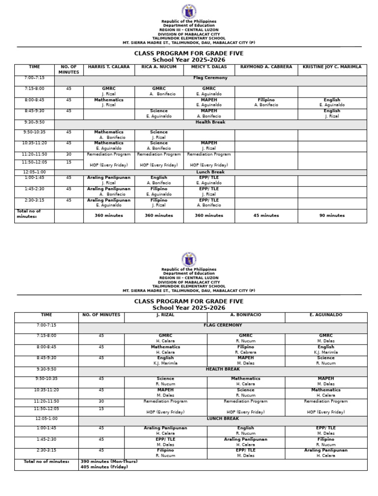 Grade 5 Class Program 2025-2026 | PDF | Philippines | Spanish East Indies