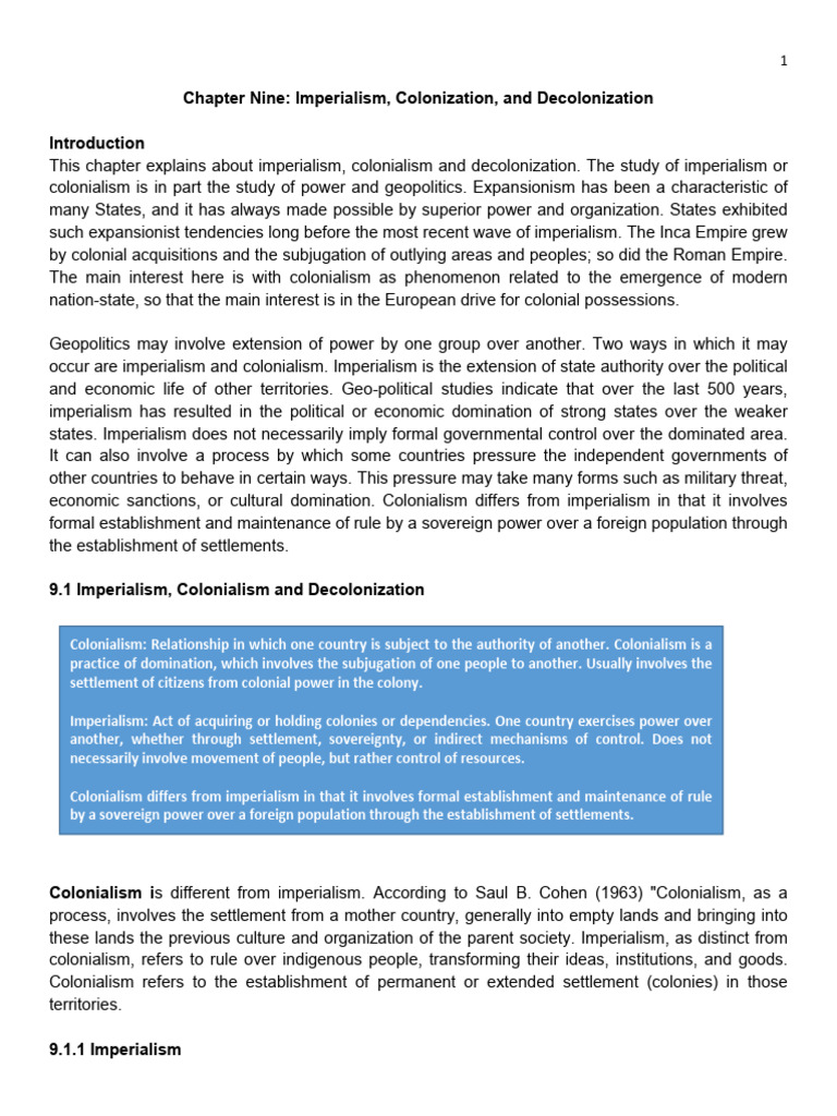 Chapter Nine Imperialism, Colonialism and Decolonization | PDF ...