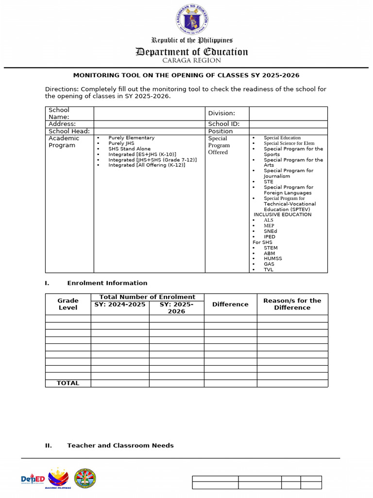 School Readiness Monitoring Tool SY 2025-2026 | PDF