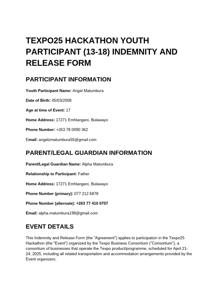 Texpo25 Hackathon Youth Participant (13-18) Indemnity and Release Form ...