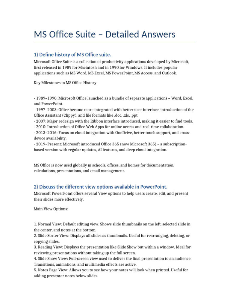 MS Office Suite Detailed Answers | PDF | Microsoft Office | Microsoft ...