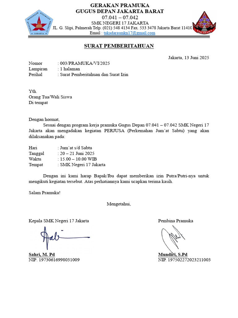 Surat Izin Kegiatan Perjusa Pramuka | PDF