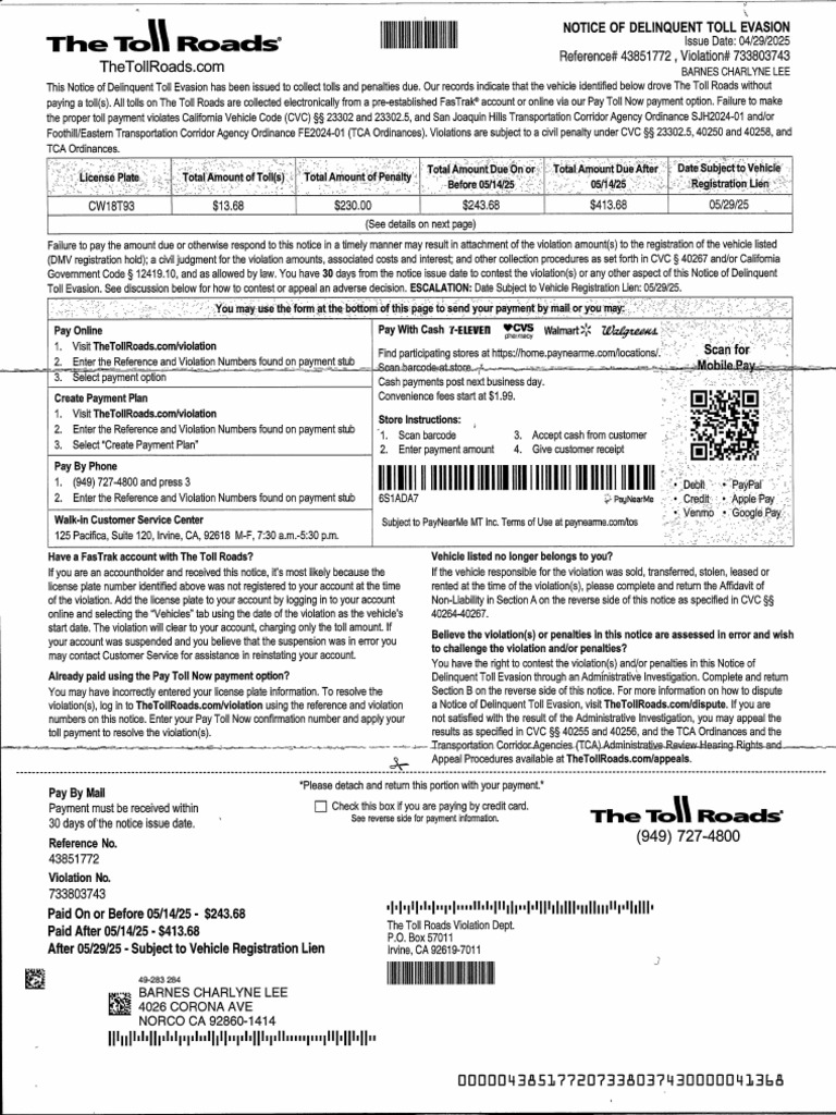TheToll Roads Violation Department Notice of Delinquent Toll Evasion ...
