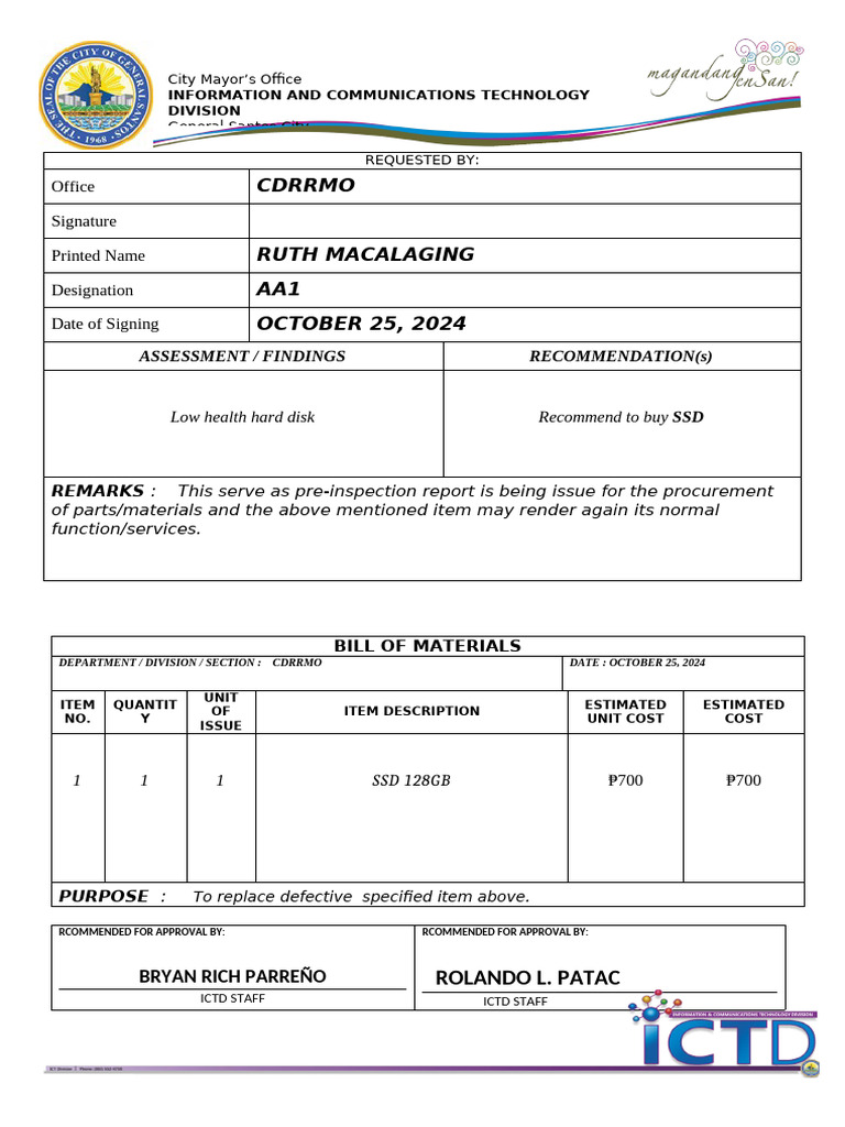 Cdrrmo Pre-Inspection (Oct. 25, 2024) | PDF