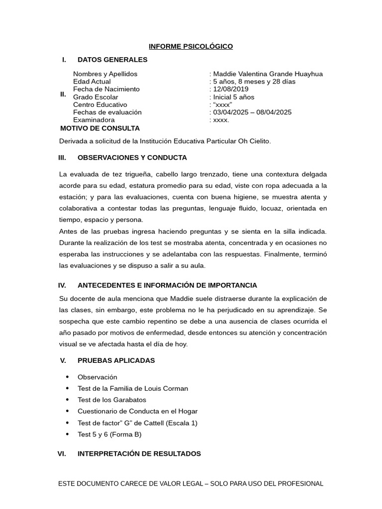 Informe Psicológico de Maddie Grande | PDF | Aprendizaje | Cociente de ...