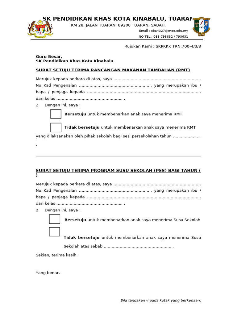 Surat Setuju Terima RMT & Pss | PDF