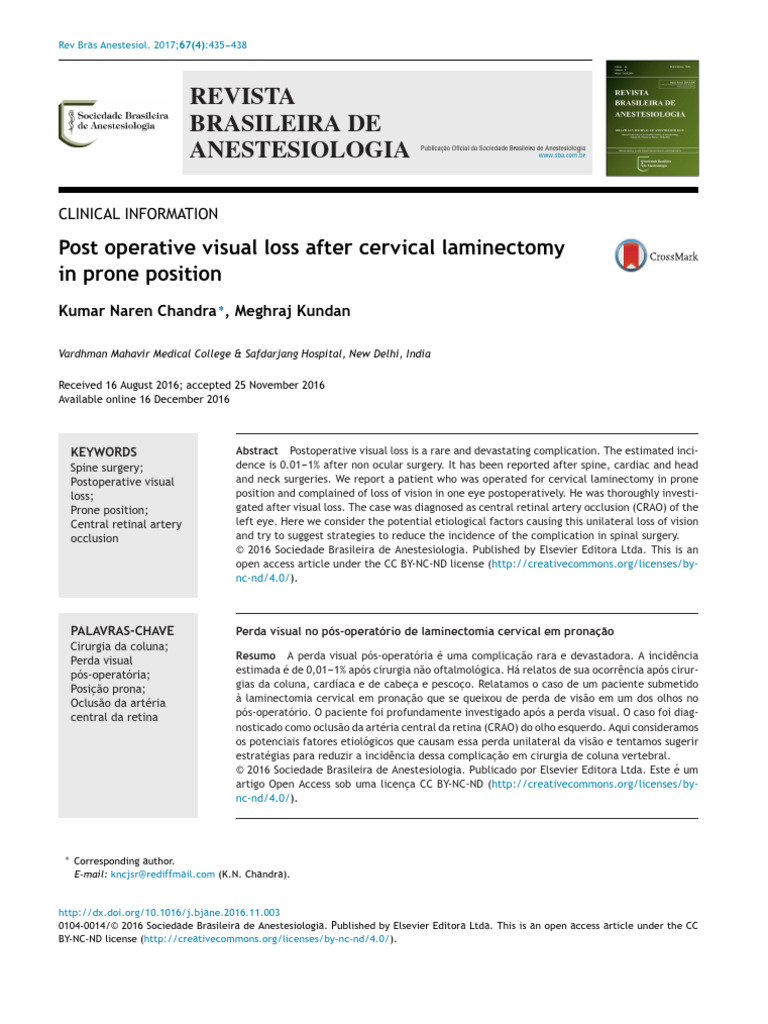 Post Operative Visual Loss After Cervical Laminectomy in Prone Position ...