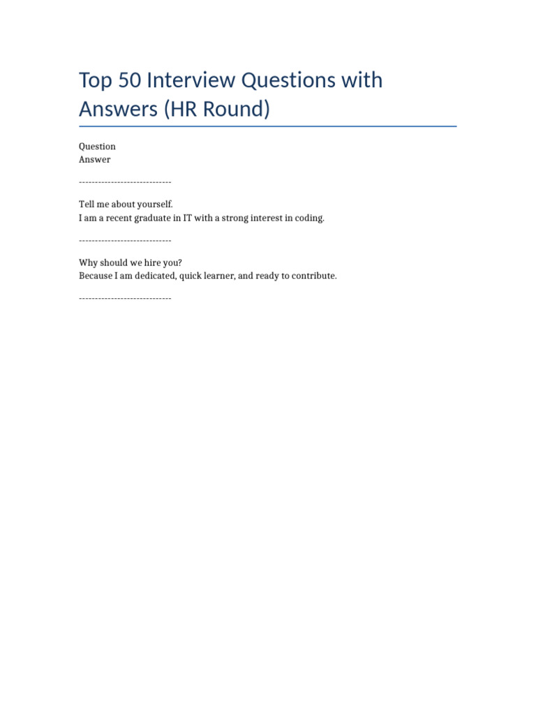 Top 50 Interview Questions With Answers (HR Round) | PDF