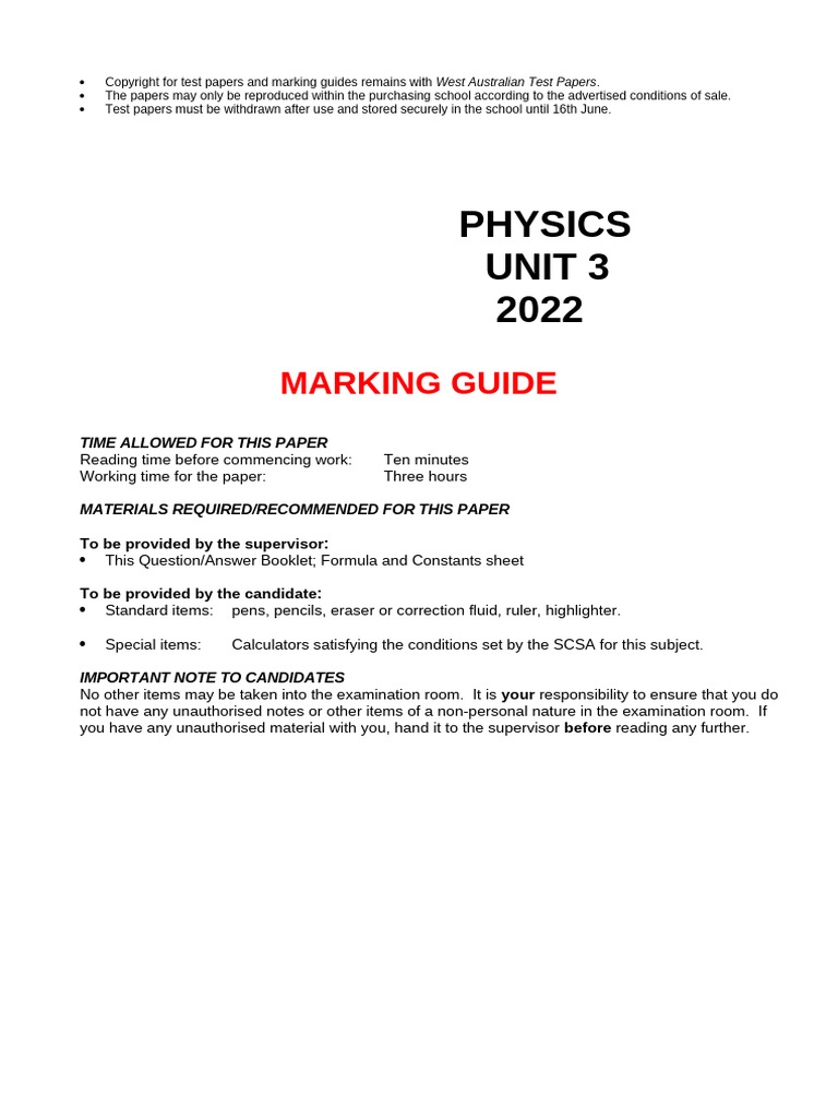 SCSA Physics Unit 3 Marking Guide | PDF | Force | Acceleration