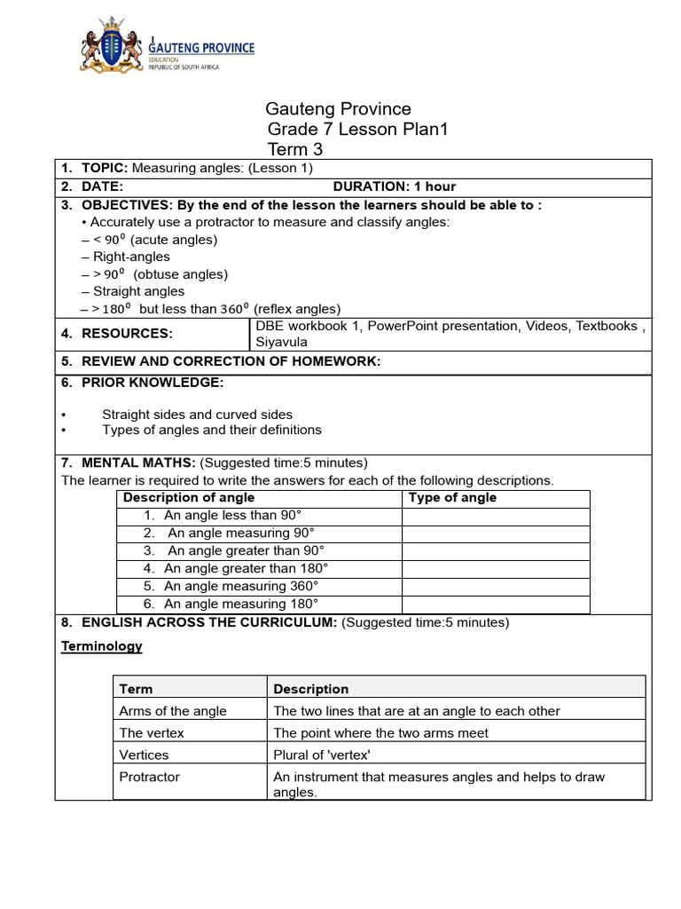 Grade 7 All Term 3 Lesson Plans | PDF | Line (Geometry) | Circle