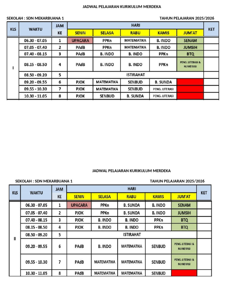 Draft Jadwal Pelajaran Tahun 2025-2026 | PDF