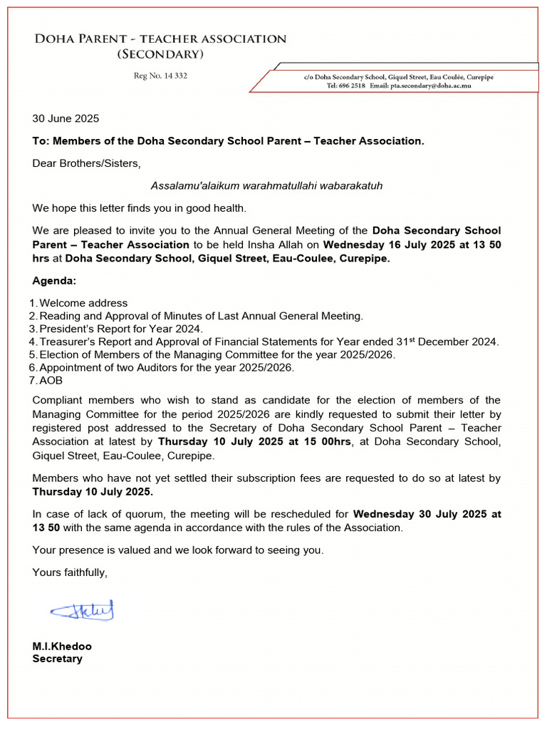 PTA-Secondary Meeting AGM 2024 | PDF