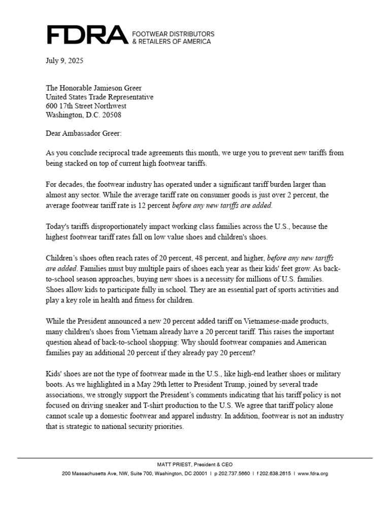 FDRA Letter To USTR On Footwear Tariffs 7.9.25 | PDF | Shoe | Tariff