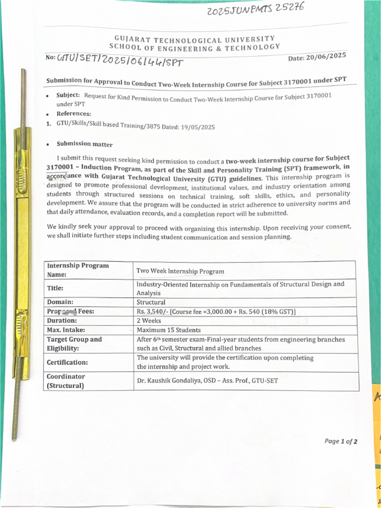 Approval To Conduct Two Week Internship Course For Subject 3170001 ...