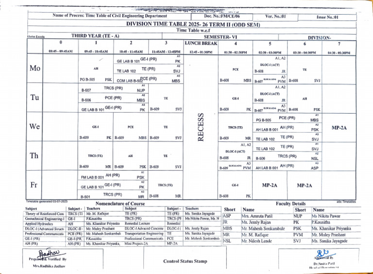 TE A Division Time Table 2025 26 Odd Sem | PDF