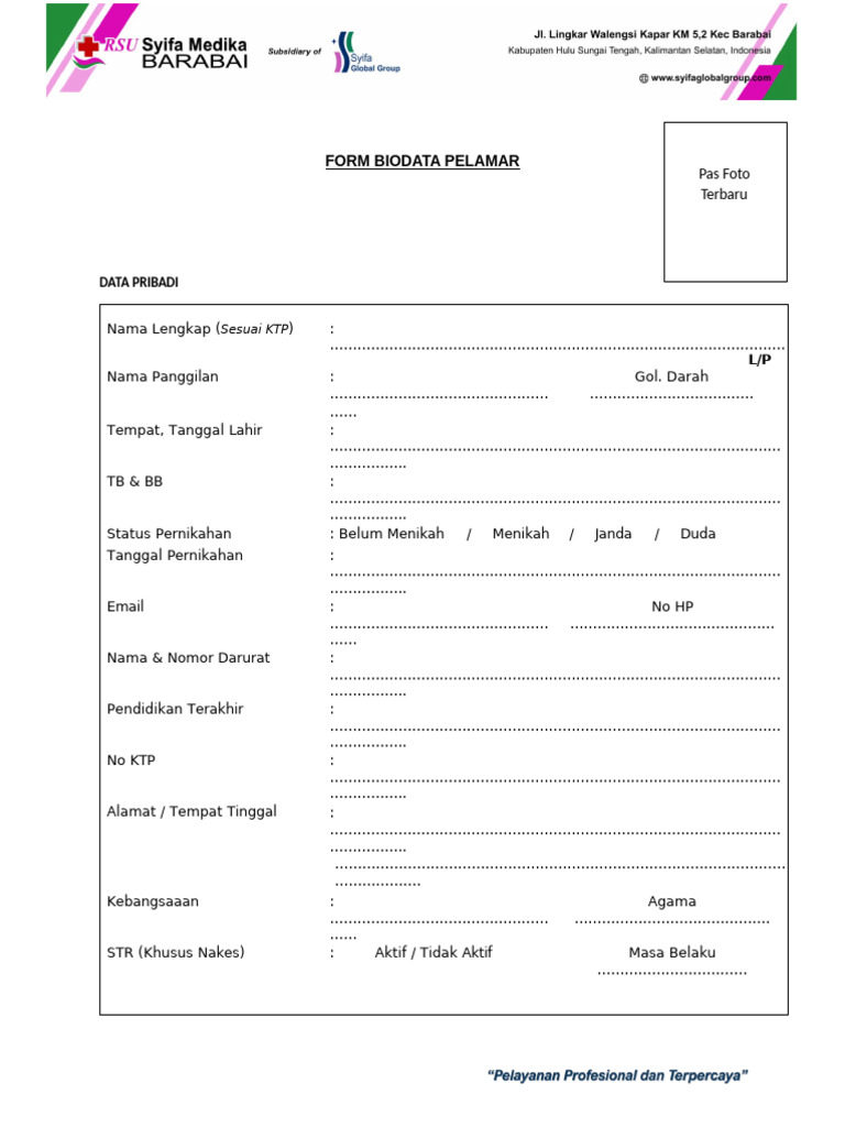 FORM BIODATA PELAMAR RSUSM Barabai 2025 | PDF