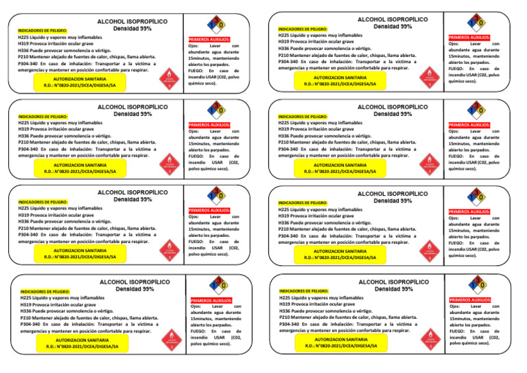 Peligros y Primeros Auxilios Alcohol Isopropílico | PDF | Primeros ...