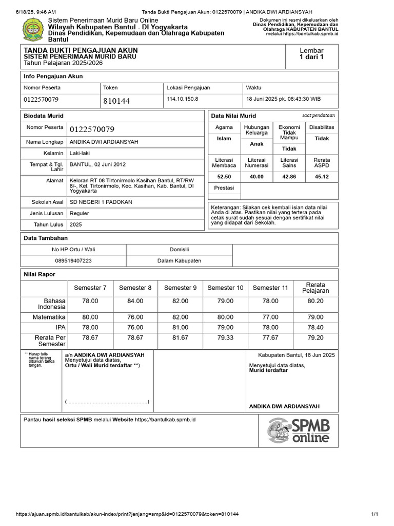 Tanda Bukti Pengajuan Akun - 0122570079 - Andika Dwi Ardiansyah | PDF