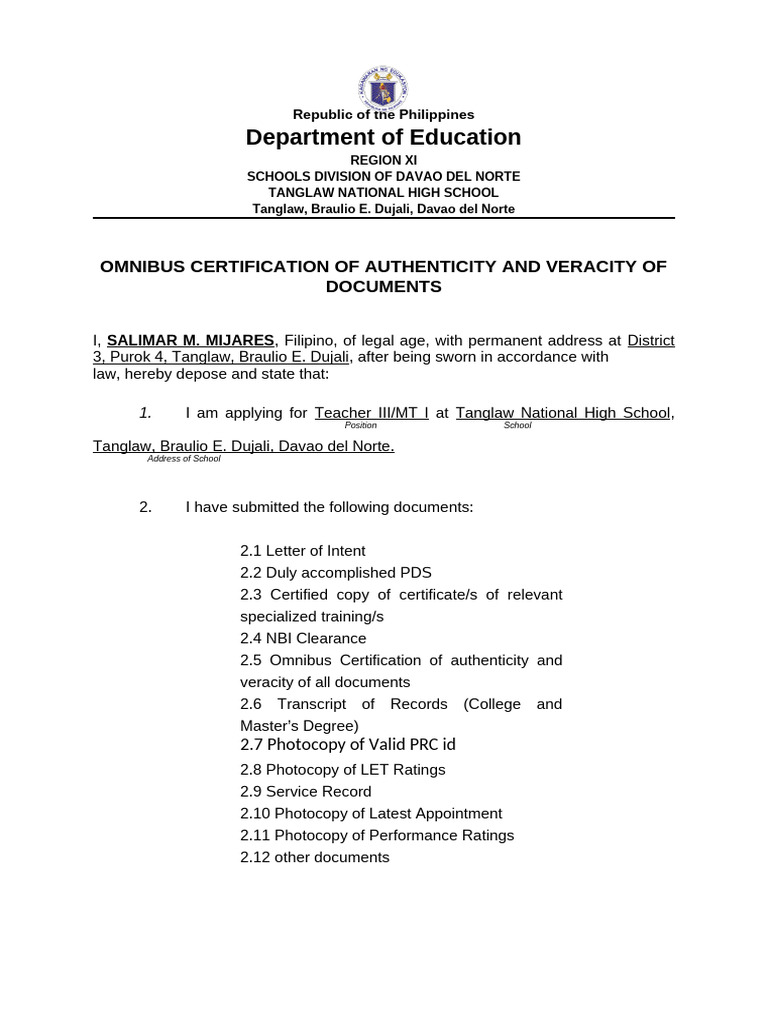 Omnibus Certification of Authenticity and Veracity of Documents | PDF