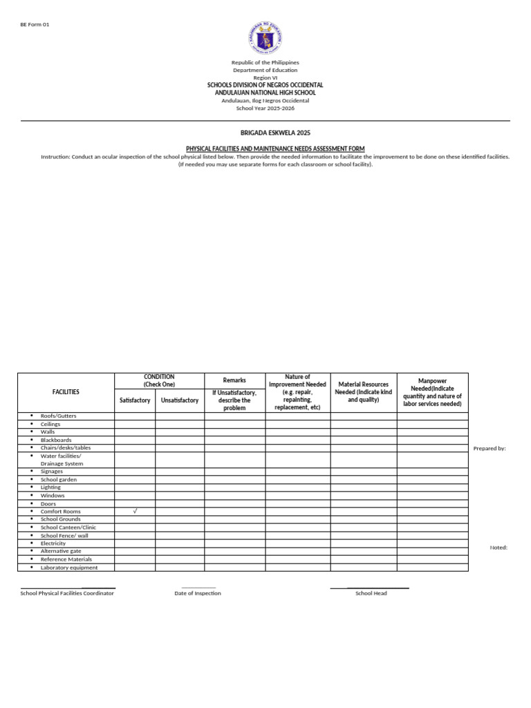 Be Form 1 Physical Facilities and Maintenance Needs Assessment Form For Neg Occ 2024 | PDF