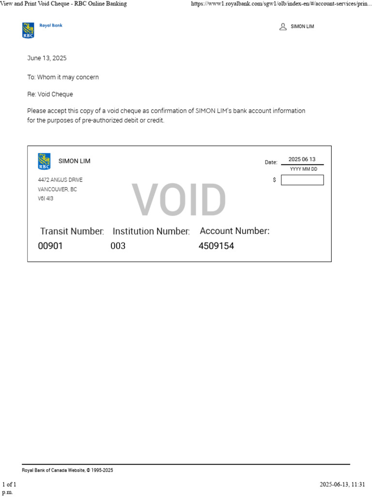 RBC Void Cheque | PDF
