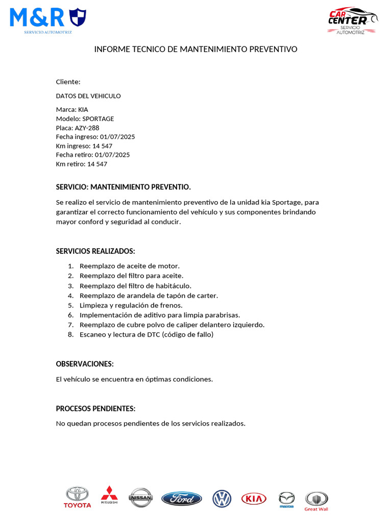 Informe Tecnico Kia Sportage Azy-288 | PDF