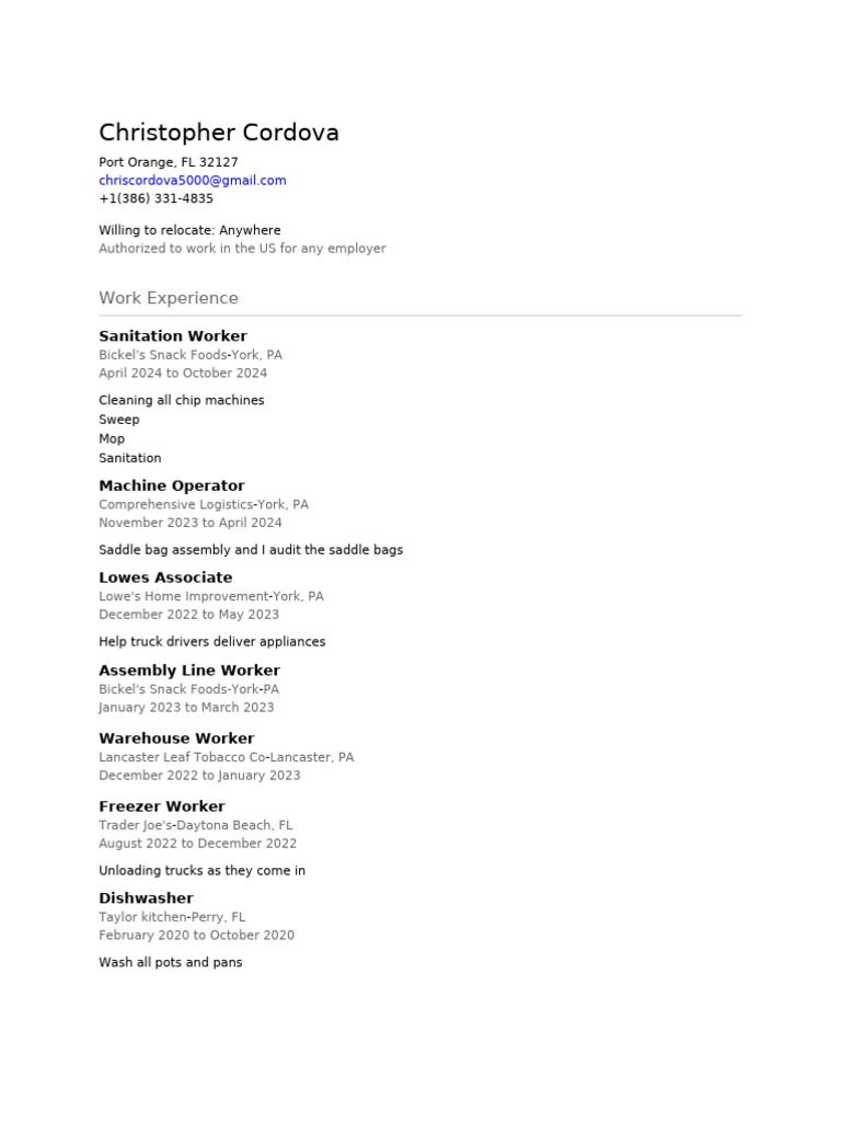 Christopher Cordova's Work Experience Resume | PDF