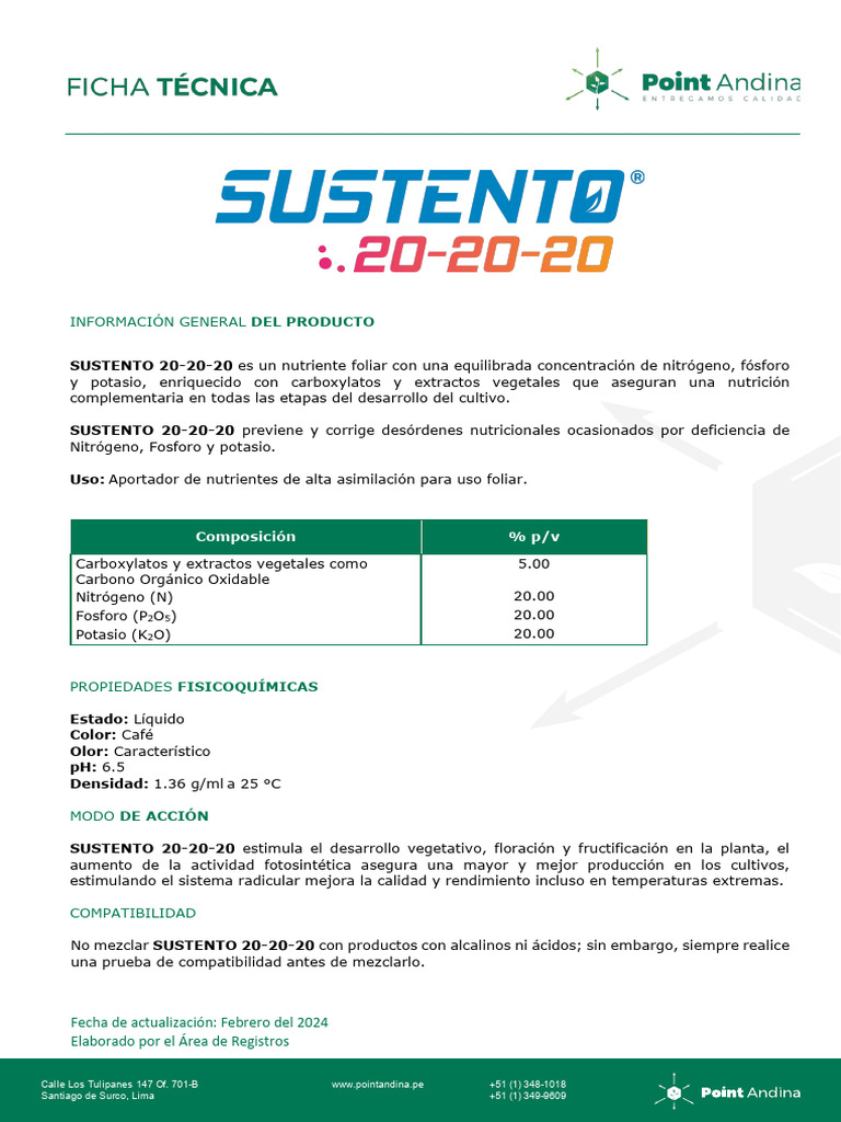 Nutriente Foliar SUSTENTO 20-20-20 | PDF | Nitrógeno