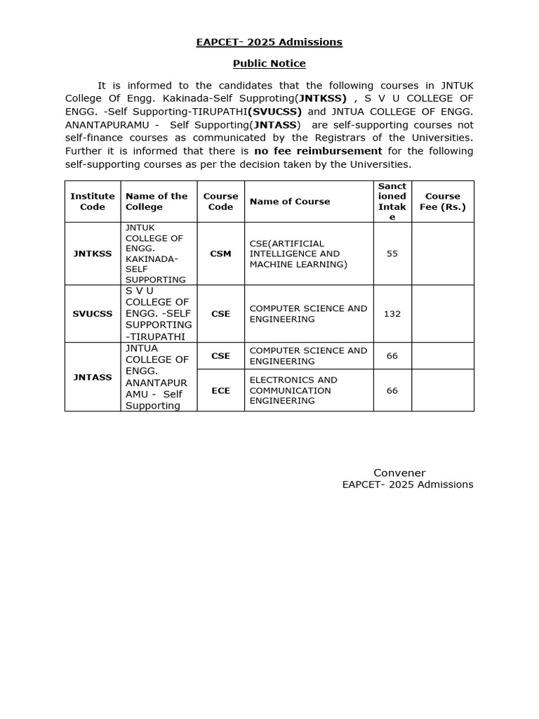 JNTUK Self-Supporting Courses Fees | PDF