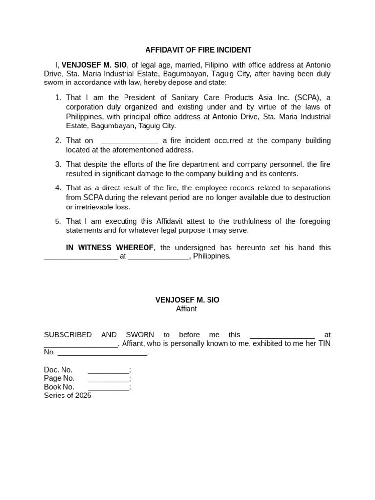 Affidavit of Fire Incident | PDF