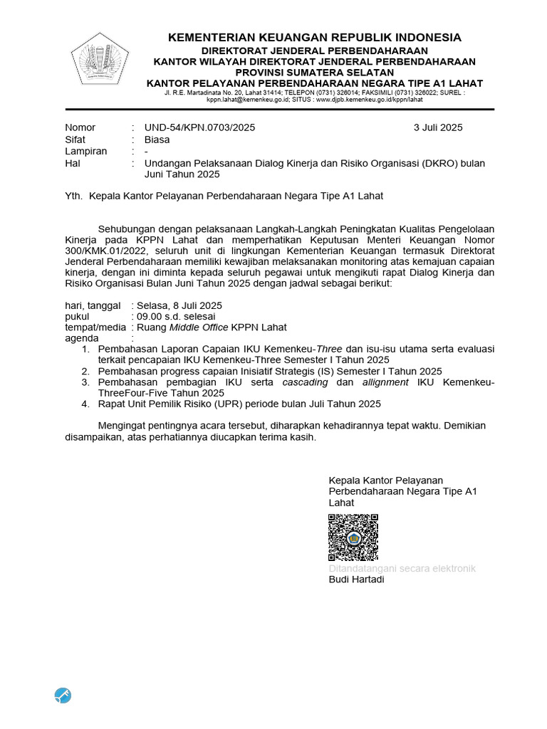 Undangan Pelaksanaan Dialog Kinerja Dan Risiko Organisasi DKRO Bulan Juni Tahun 2025pdf | PDF