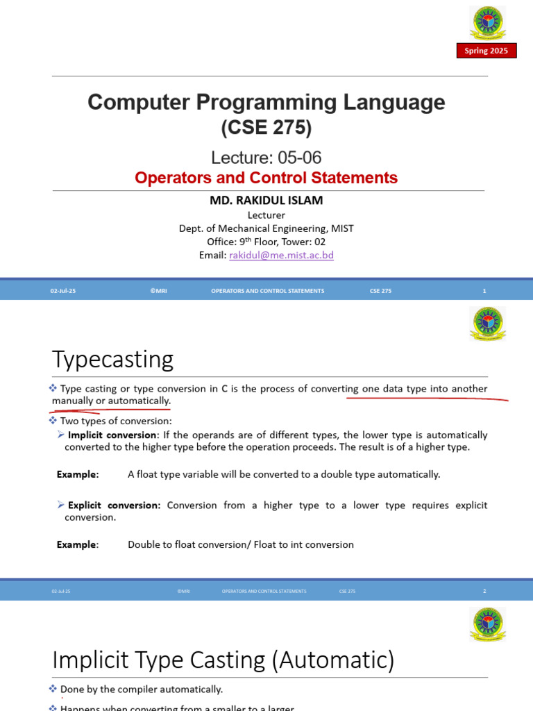 Lec 05 - 06 - Op - Control Statements - 2 | PDF | Control Flow | Integer (Computer Science)