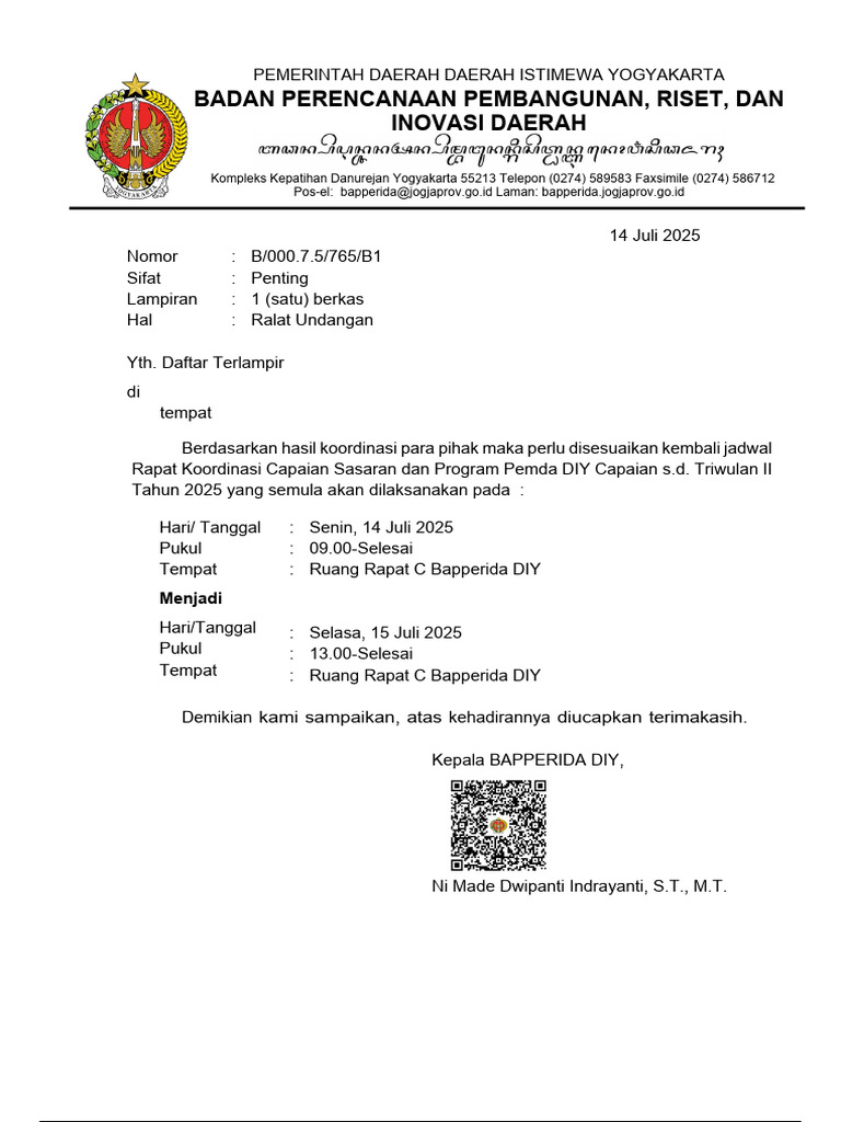 Ralat Undangan Rapat Koordinasi Pemda DIY | PDF