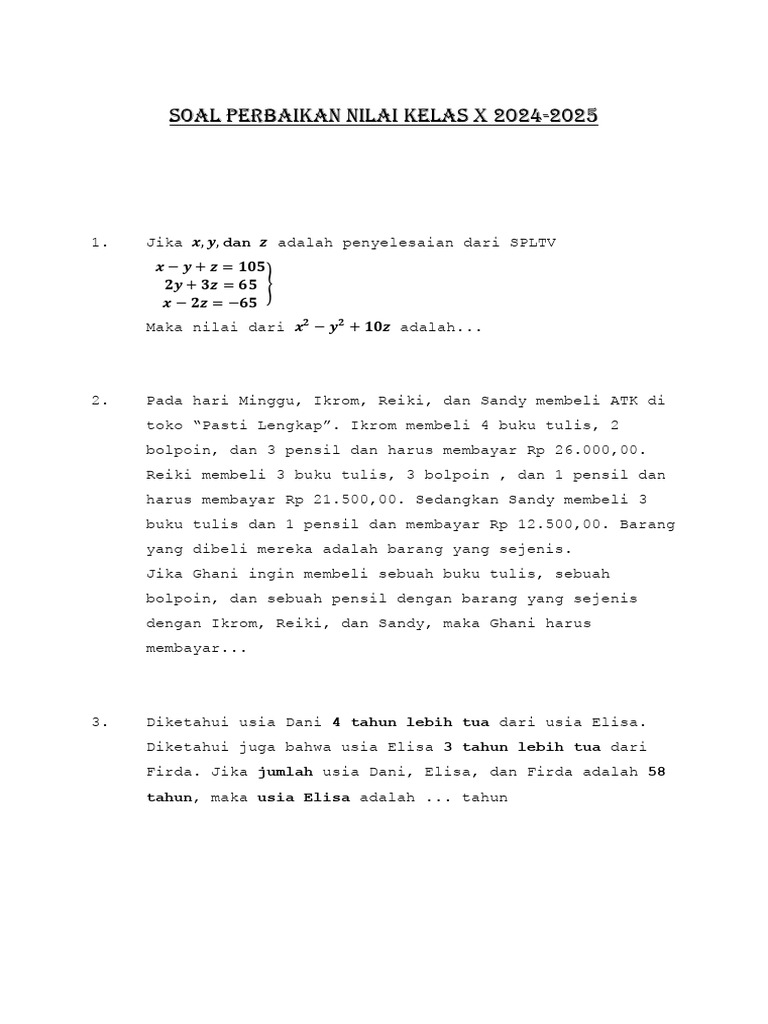 Soal Perbaikan Nilai Kelas X 2024-2025 | PDF