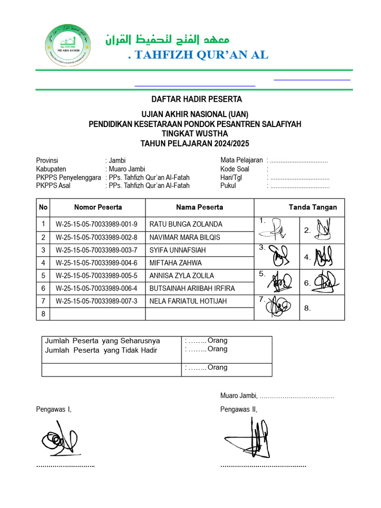 Daftar Hadir Simulasi Wustha | PDF