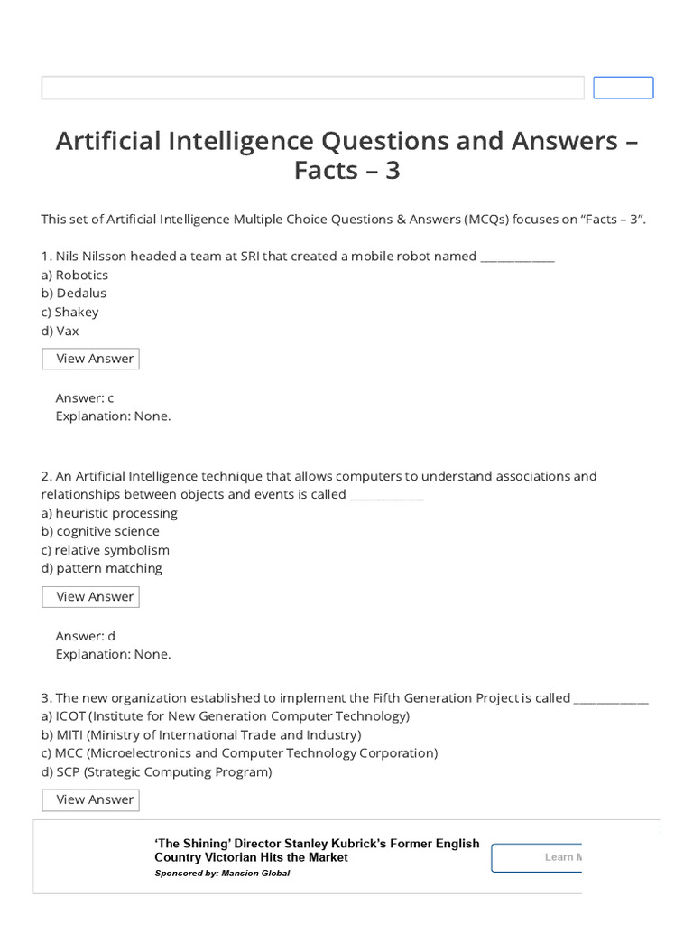 Artificial Intelligence Questions and Answers - Facts - 3 - Sanfoundry | PDF | Artificial ...